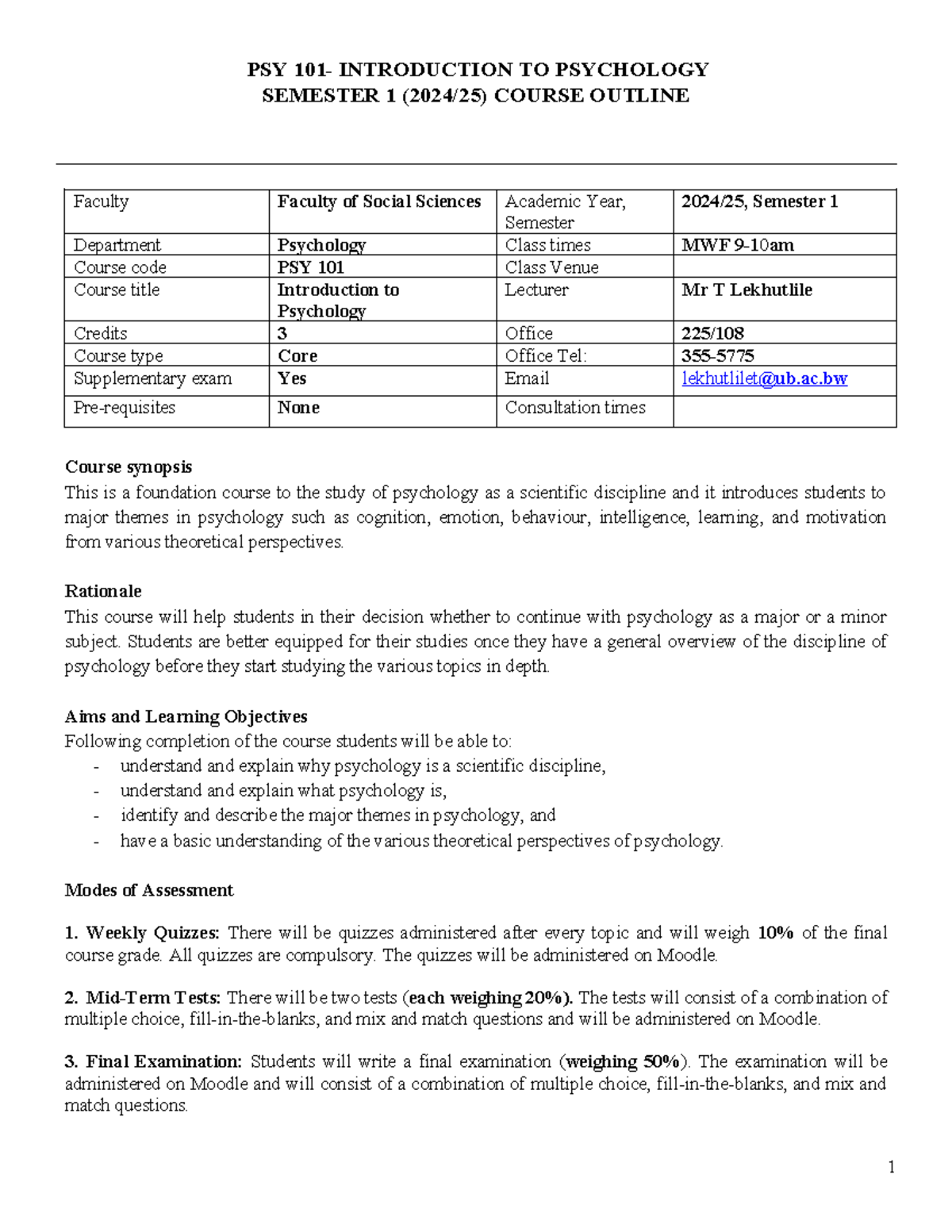 PSY 101 Course Outline for Intro to Psychology - Semester 1 2024/25 ...