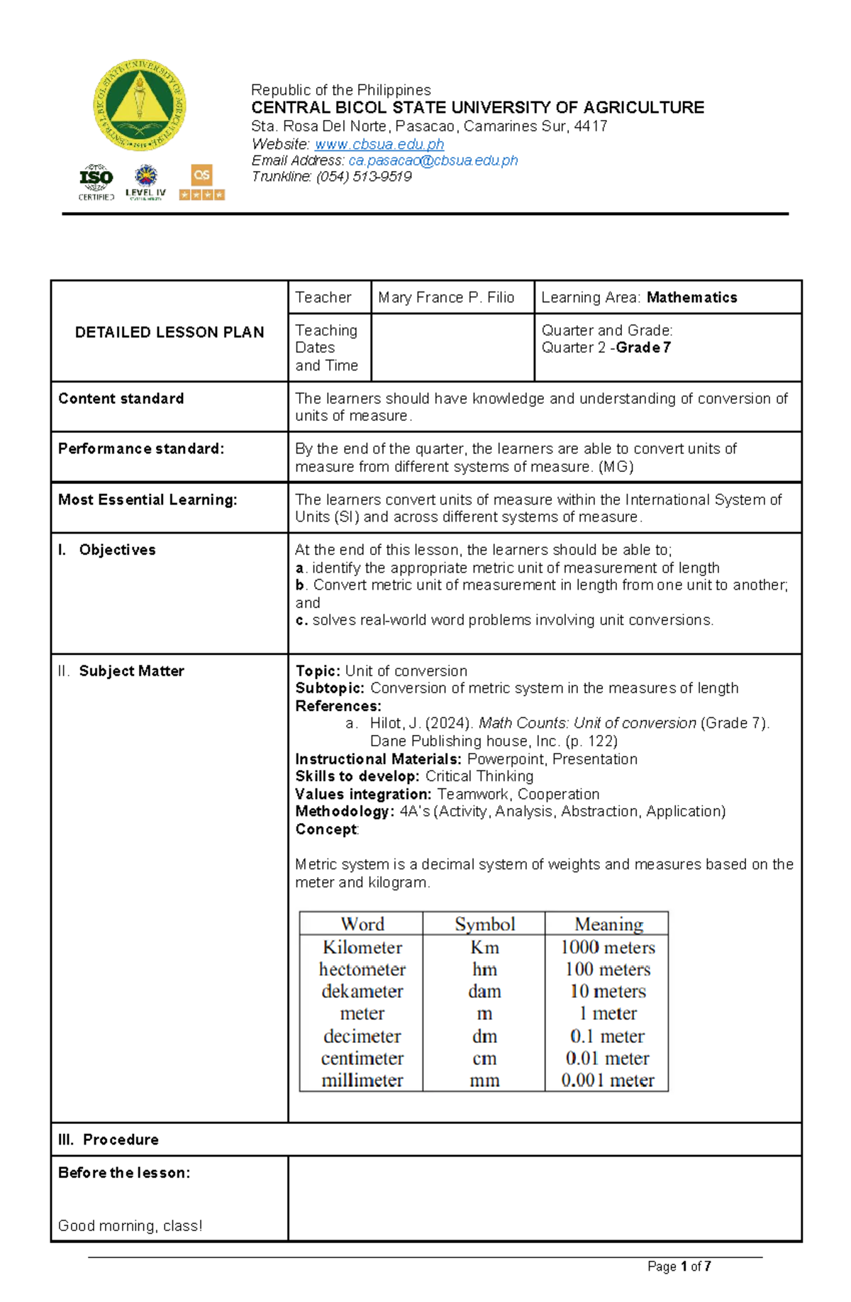 Detailed Lesson Plan on Unit Conversion in Mathematics (Grade 7) - Studocu