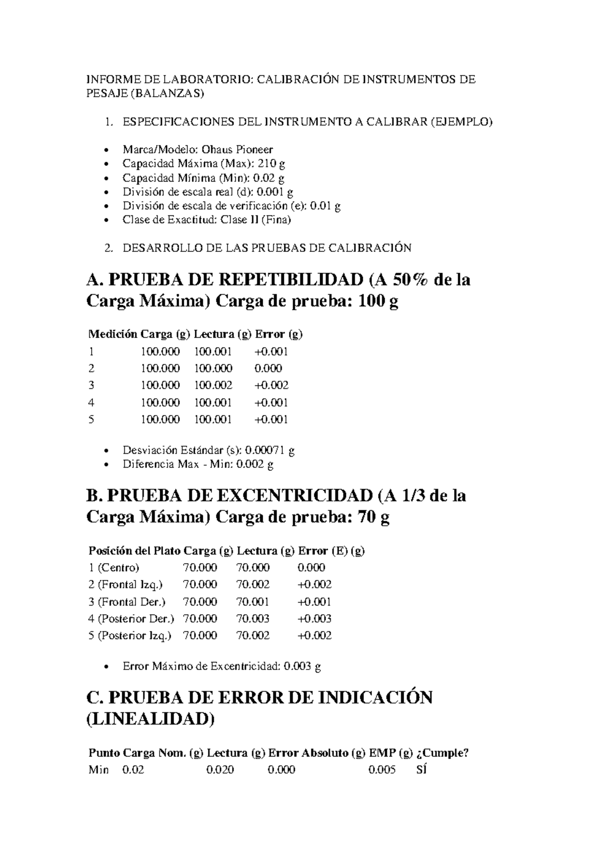 Informe de Laboratorio: Calibración de Balanzas y Resultados - Studocu