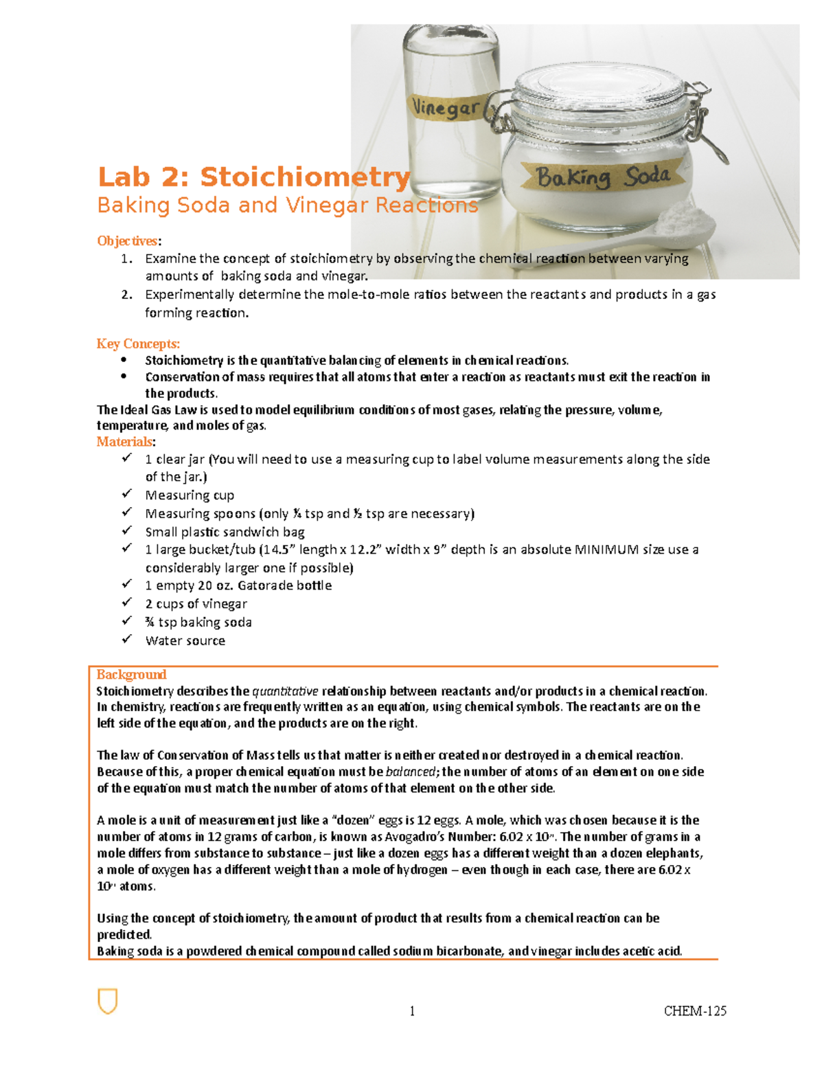 CHEM-125 Lab 2 - Lab 2 Assignment - Lab 2: Stoichiometry Baking Soda ...