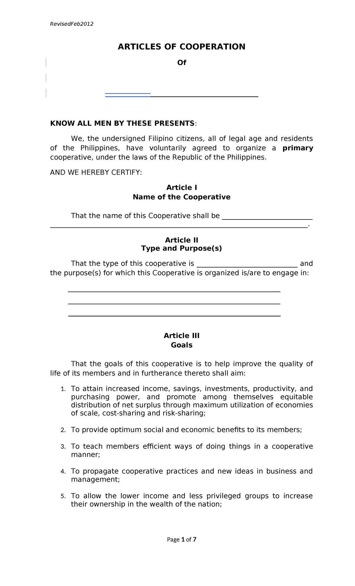 Revised Articles of Cooperation for Cooperative ACABL - Studocu