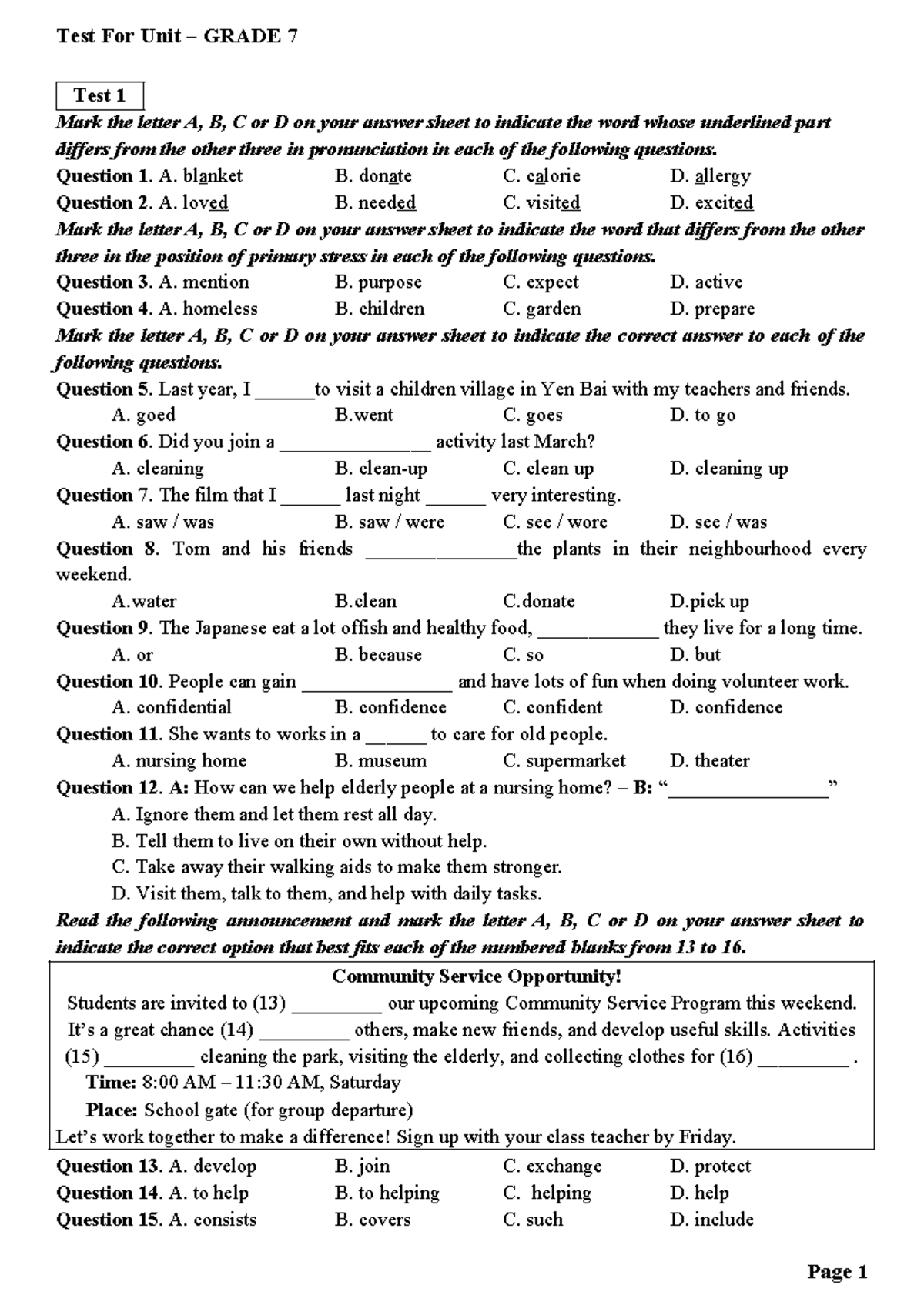 Test For Unit GRADE 7 - Detailed Answer Key for 2025 - Studocu