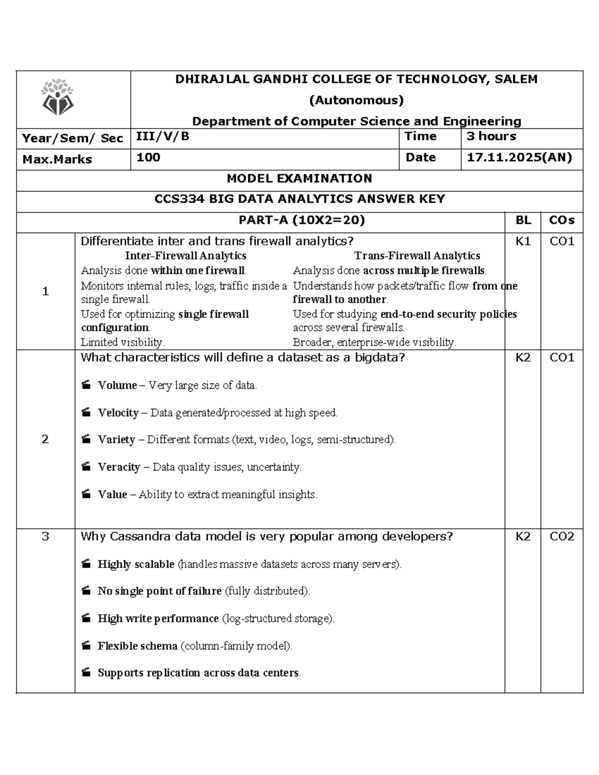 BDA CCS334 Model Exam Answer Key - Big Data Analytics - Studocu