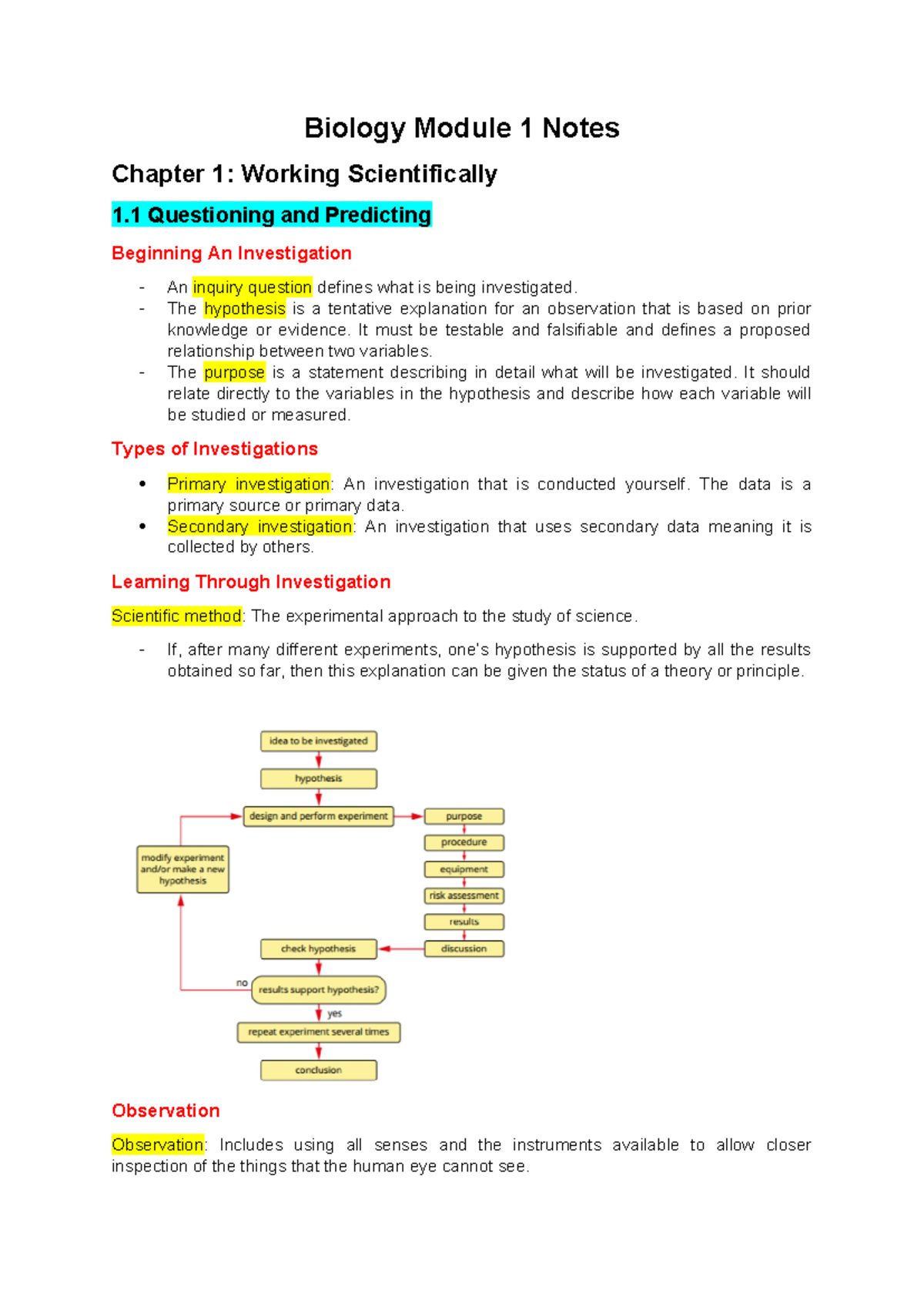 BIO-M1- Chapter Notes - Biology Module 1 Notes Chapter 1: Working ...