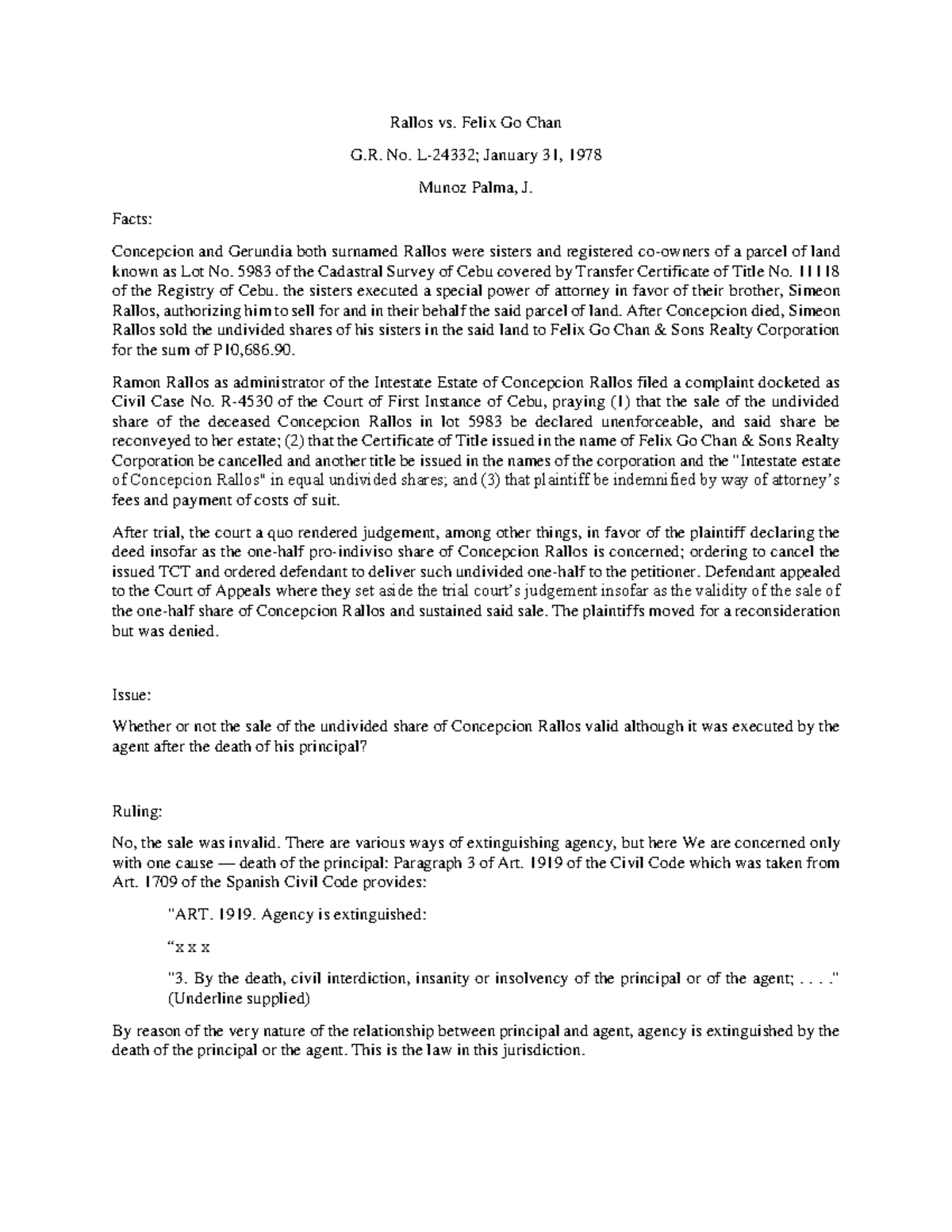 Rallos v. Felix Go Chan Case Summary (G.R. No. L-24332, 1978) - Studocu