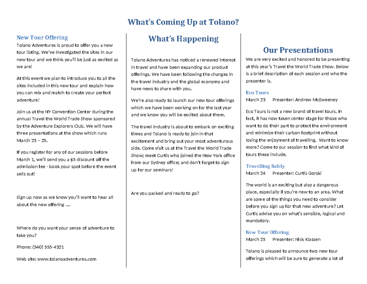 Trade Show Brochure Draft - What’s Coming Up at Tolano? New Tour ...