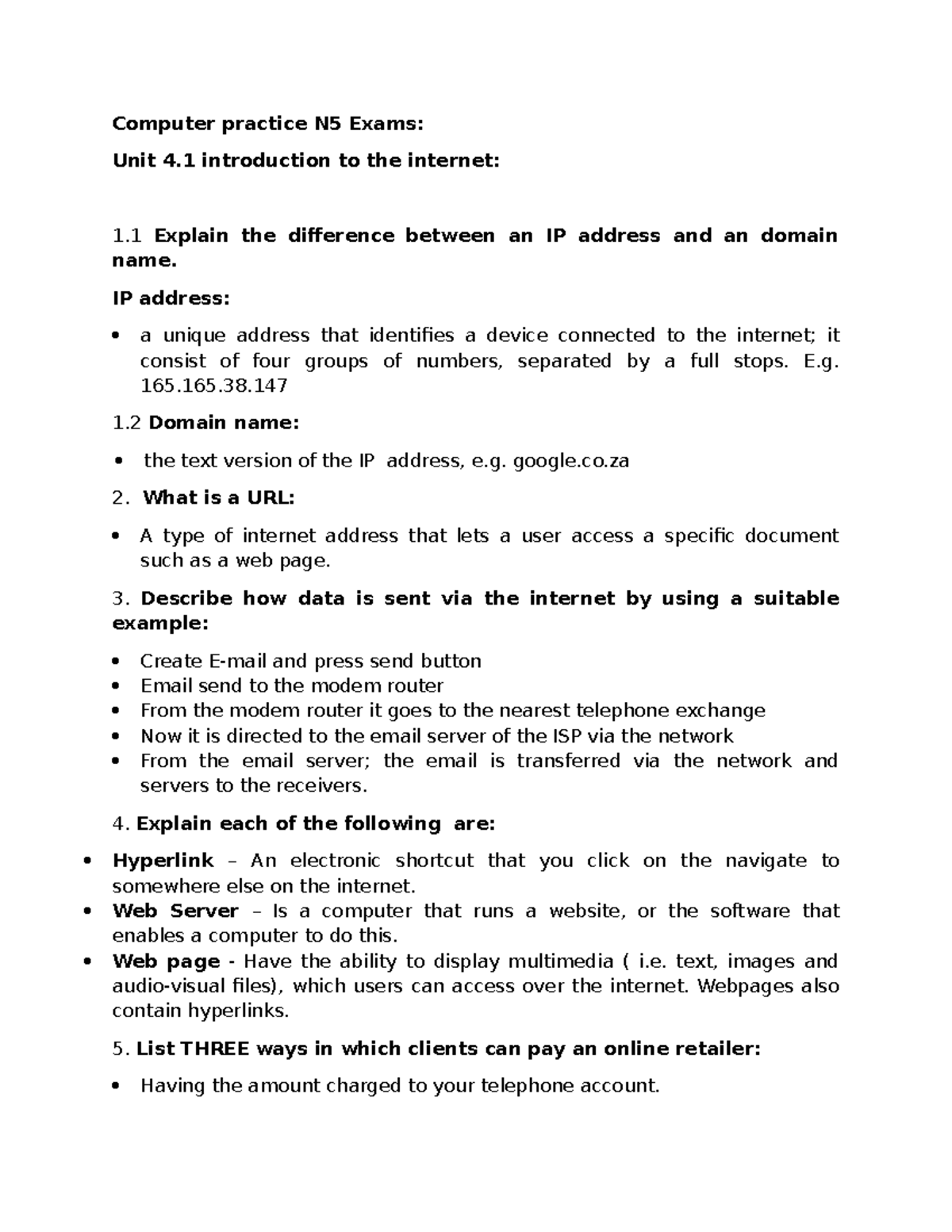 Computer Practice N4: Unit 4.1 - Intro to the Internet Exam Notes - Studocu
