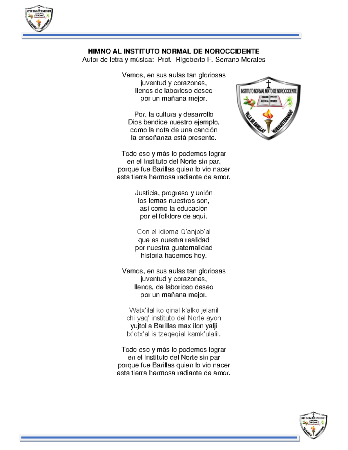 Himno al Instituto Normal de Noroccidente - Prof. R. F. Serrano - Studocu