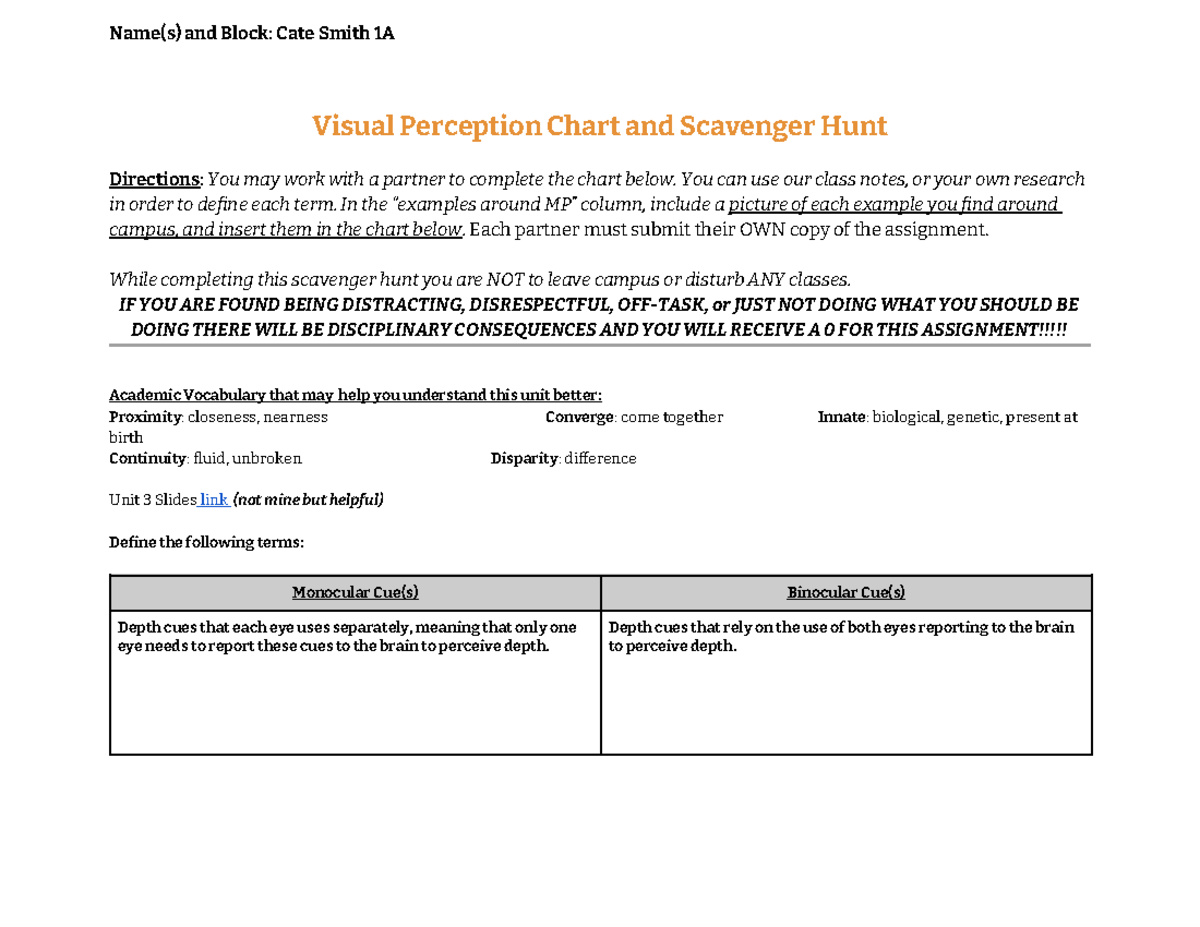 Visual Perception Scavenger Hunt Activity - 1A Assignment - Studocu