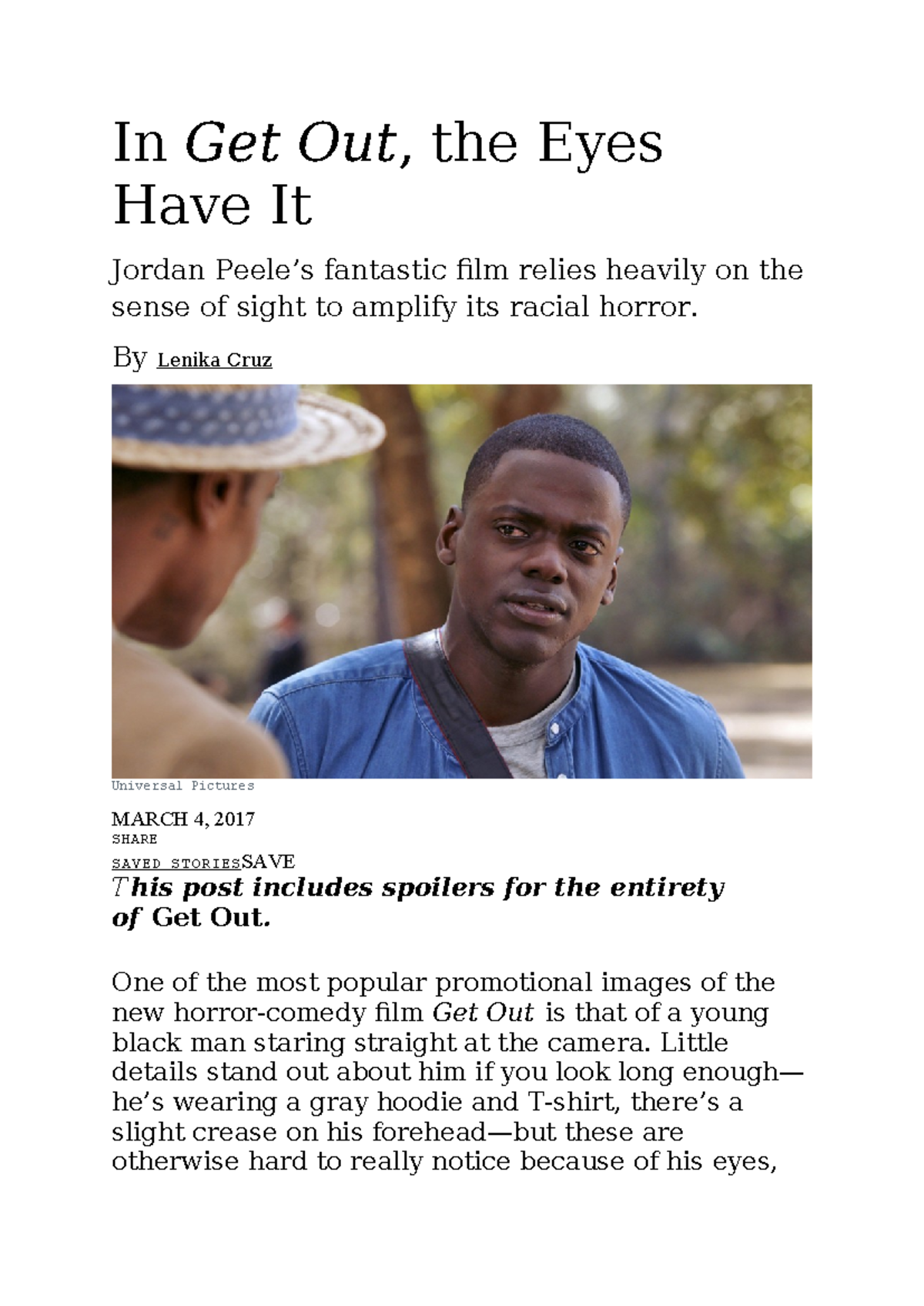 Get Out (Film Analysis): The Power of Sight in Racial Horror - Studocu