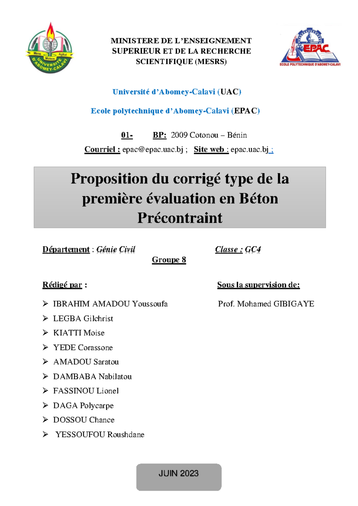 Corrigé Type de la 1ère Évaluation en Béton Précontraint - GC4 - Studocu