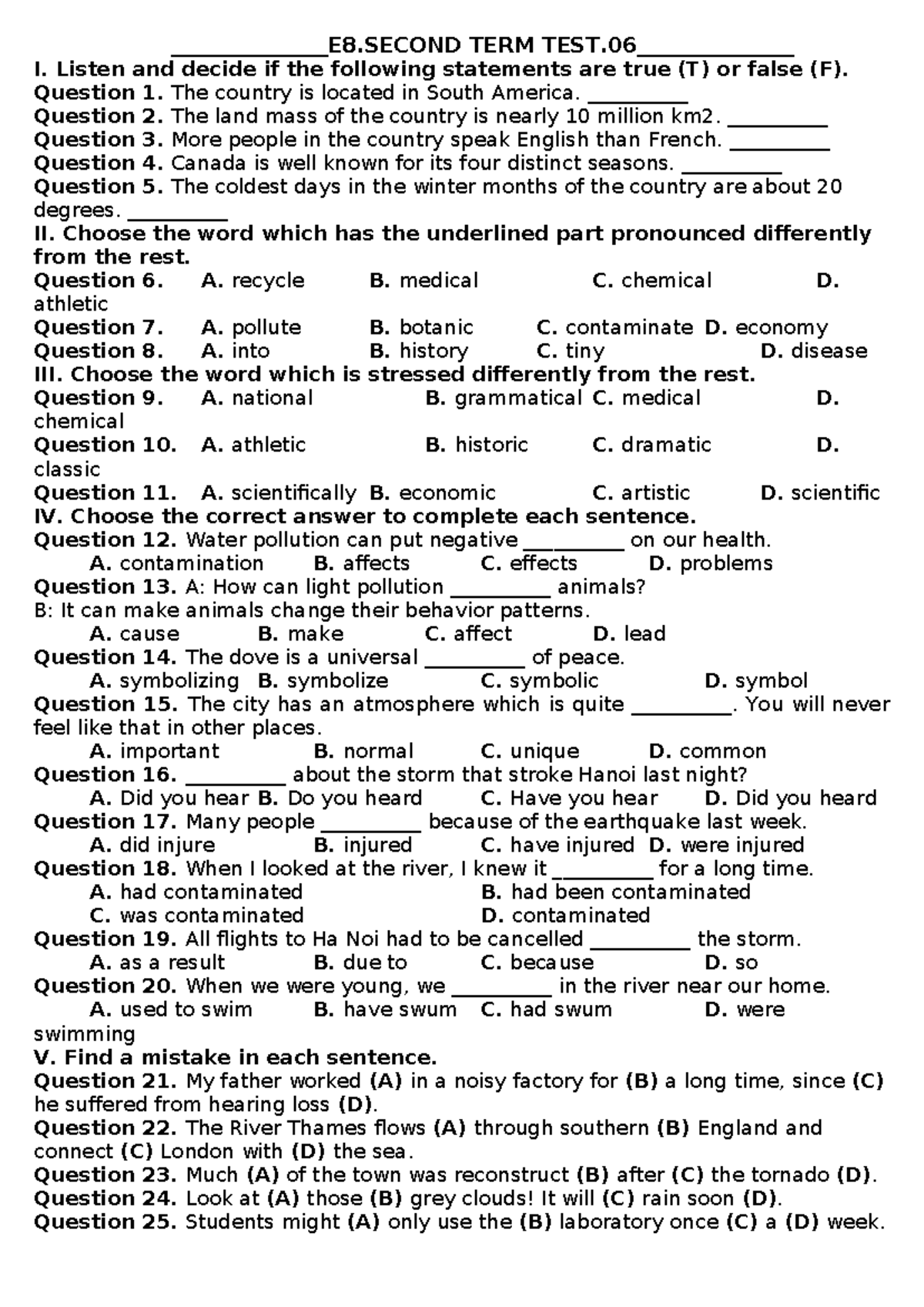 Anh 8 K2 T - Second Term Test Listening & Reading Exercises - Studocu