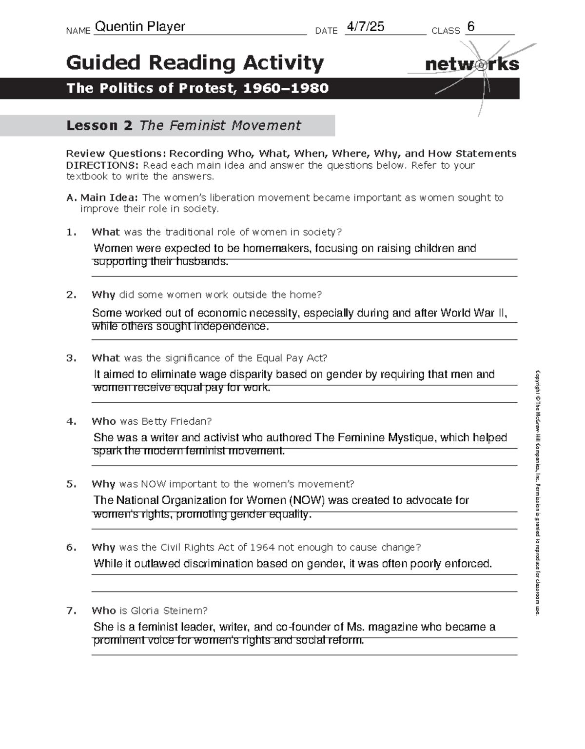 Guided Reading Activity: The Feminist Movement (1960-1980) - Lesson 2 ...