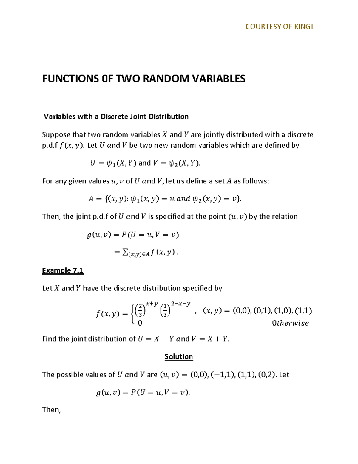 SST 205 Notes 2 - Statistics and probability - FUNCTIONS 0F TWO RANDOM ...