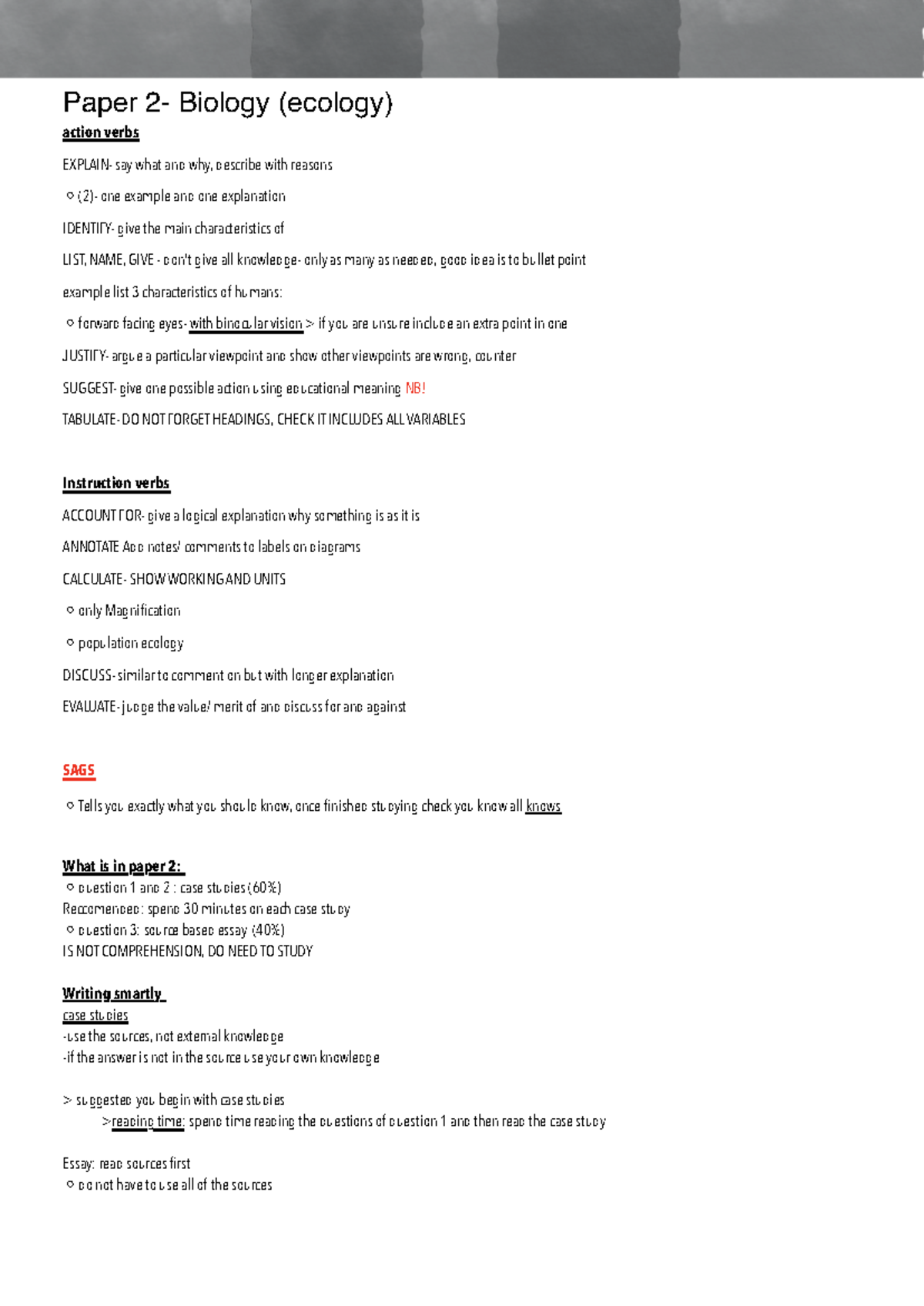 Biology Paper 2 Study Notes: Ecology Action Verbs & Case Studies - Studocu