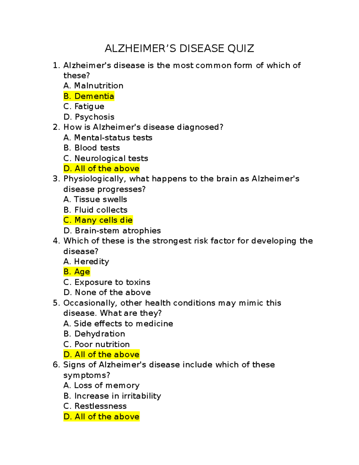 Alzheimer's Disease Quiz - Comprehensive Overview on Dementia - Studocu
