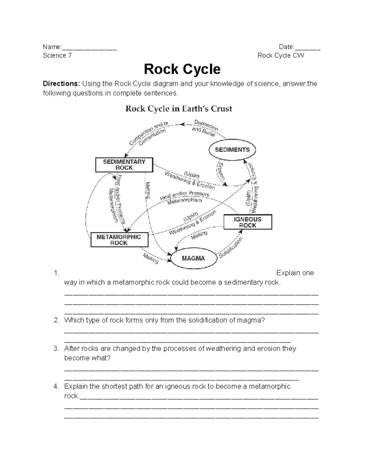Rock Cycle Worksheet-1 - Name:_______________ Date:_______ Science 7 ...