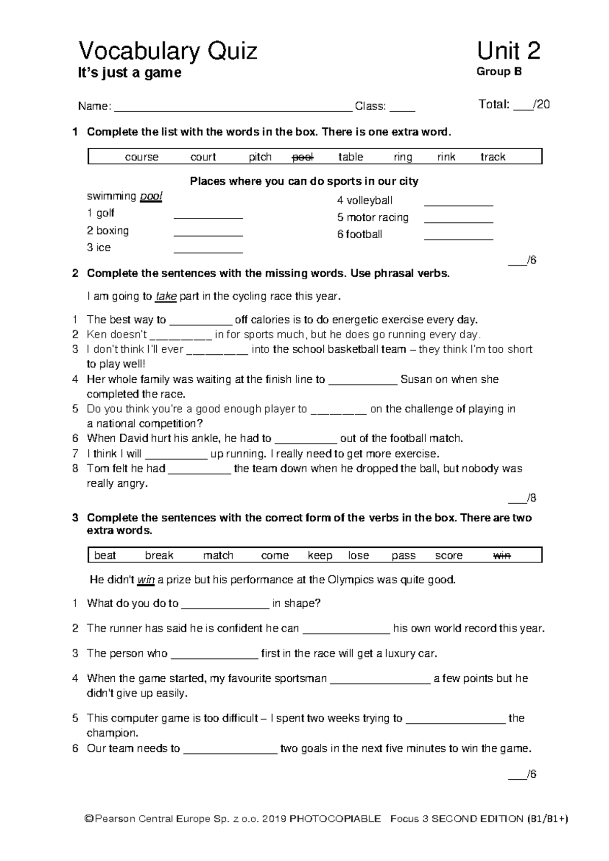 Focus 3 2E Vocabulary Quiz Unit 2 Group B - Key Learning Points - Studocu