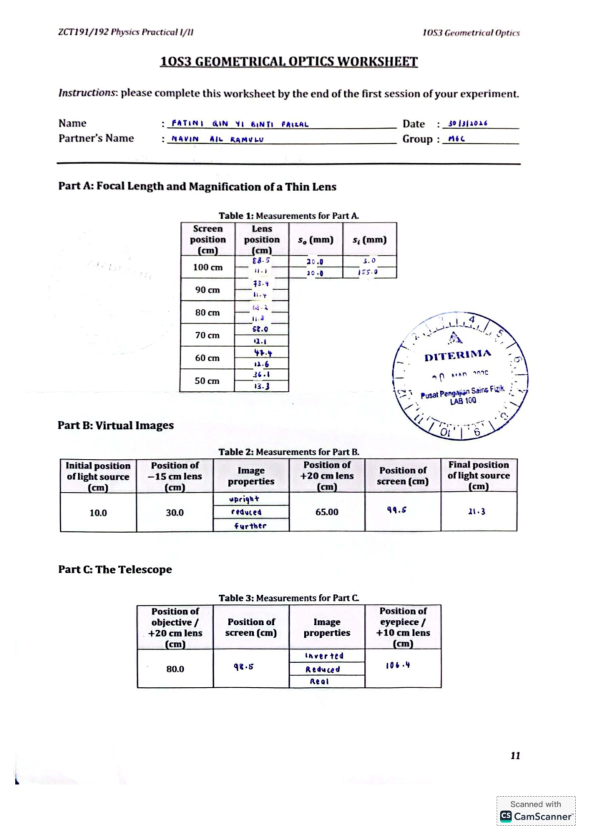 Physics Practical 1053: Geometrical Optics Worksheet - Studocu