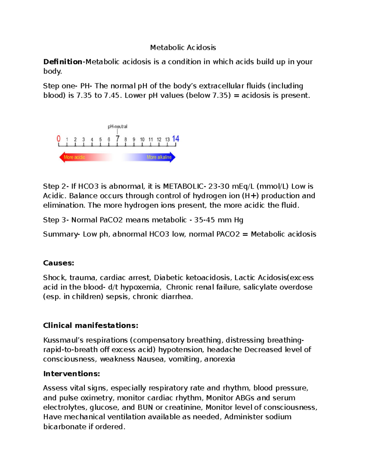 Metabolic Acidosis: Causes, Symptoms, and Interventions - Studocu