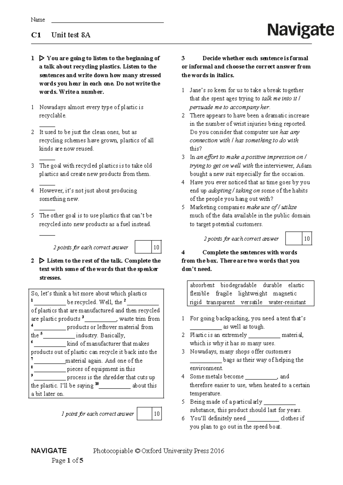 C1 Unit Test 8A - Navigating Recycling Plastics and Gesture Variants ...