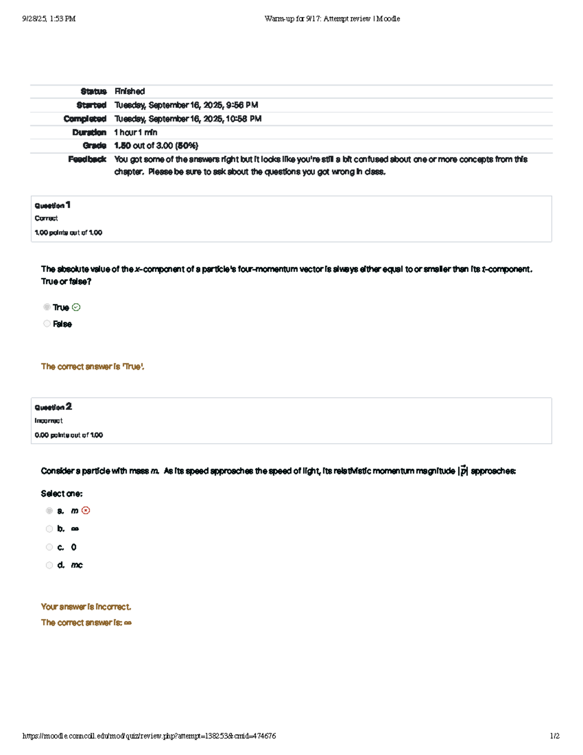 Warm-up Review for 9/17 - Physics Concepts Evaluation (PHYS 101) - Studocu