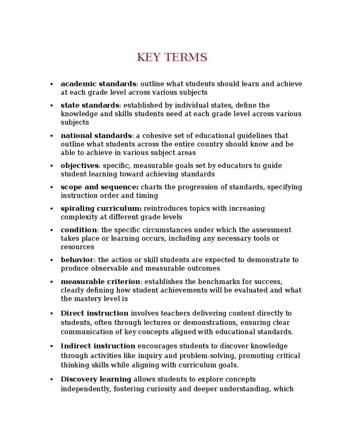 KEY Terms - Vocabulary for Academic Standards and Learning Strategies ...