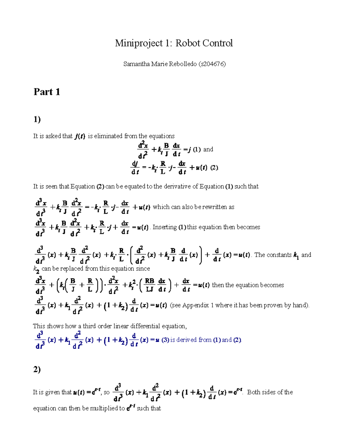 Miniproject 1: Robot Control Advanced Engineering Mathematics 2 - Studocu