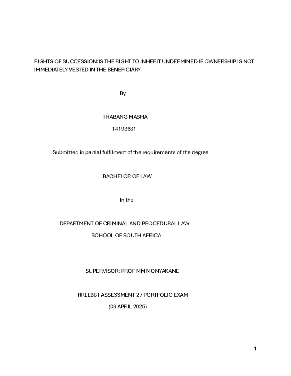 RRLLB81 Assignment 02: Vested Rights in South African Succession Law ...