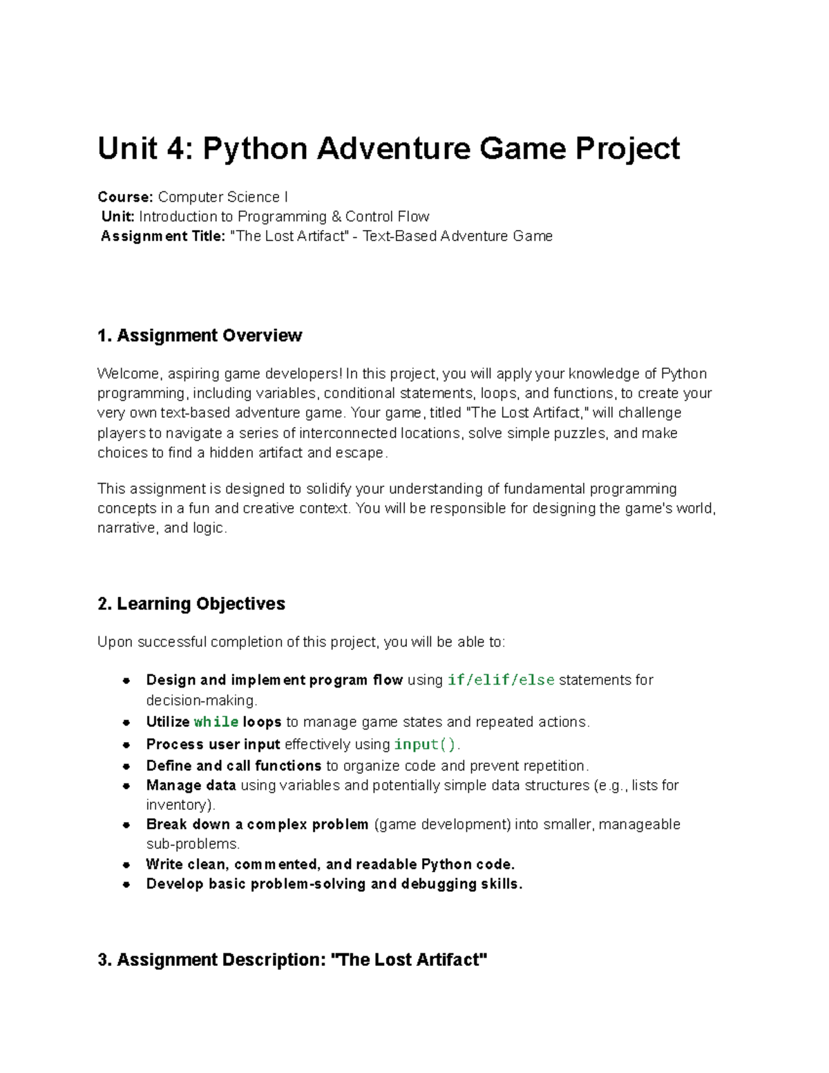 Unit 4: Lost Adventure Game Project - CS Intro to Programming - Studocu