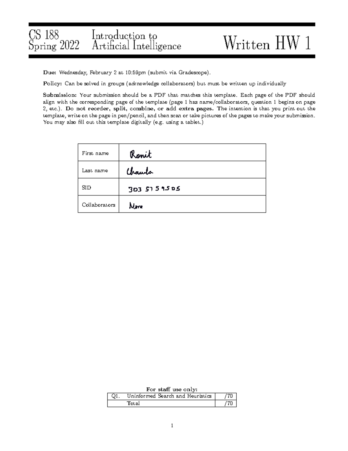 Cs 188 spring 2022 written homework 1 - CS 188 Spring 2022 Introduction to Artificial ...