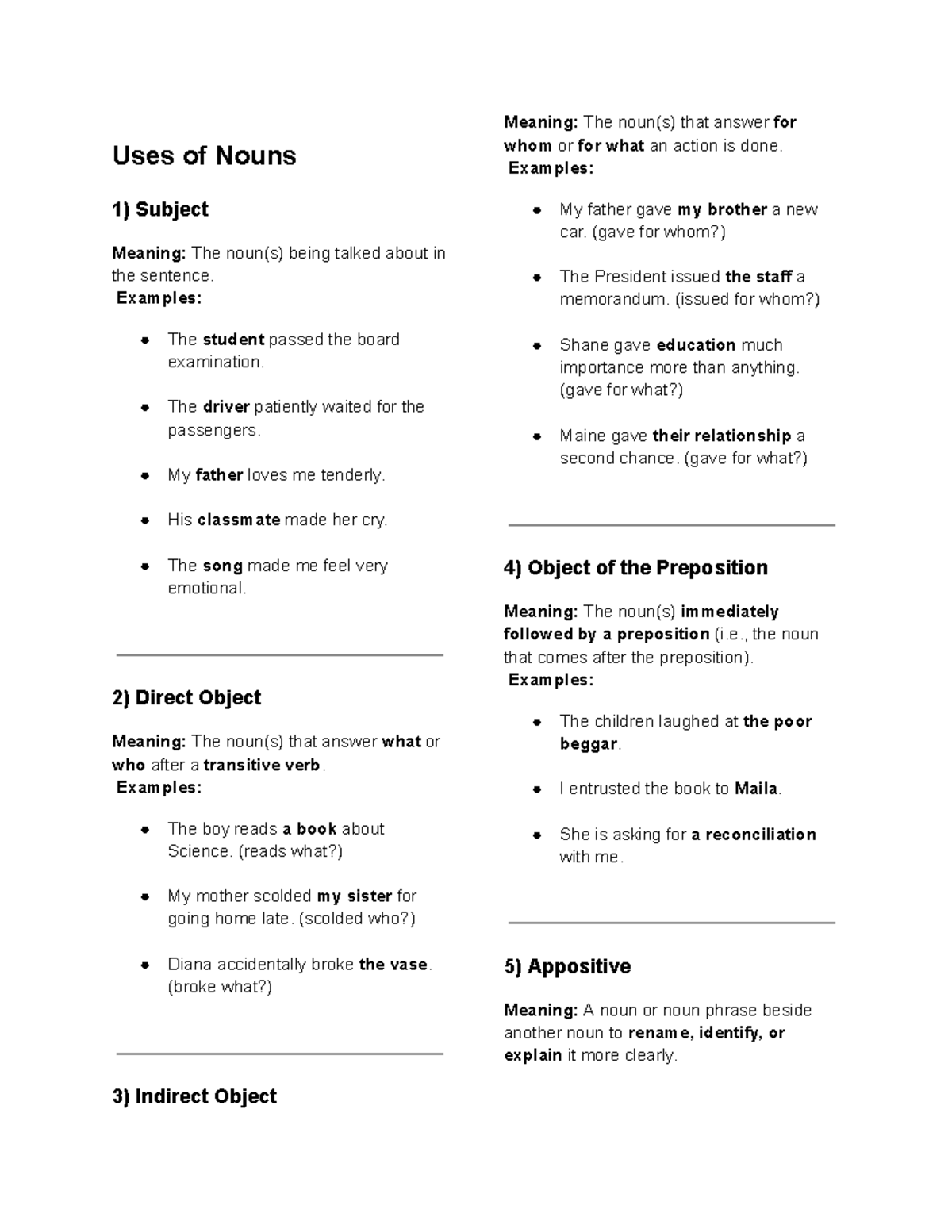 Uses of Nouns: Lecture Notes on Noun Functions and Examples - Studocu
