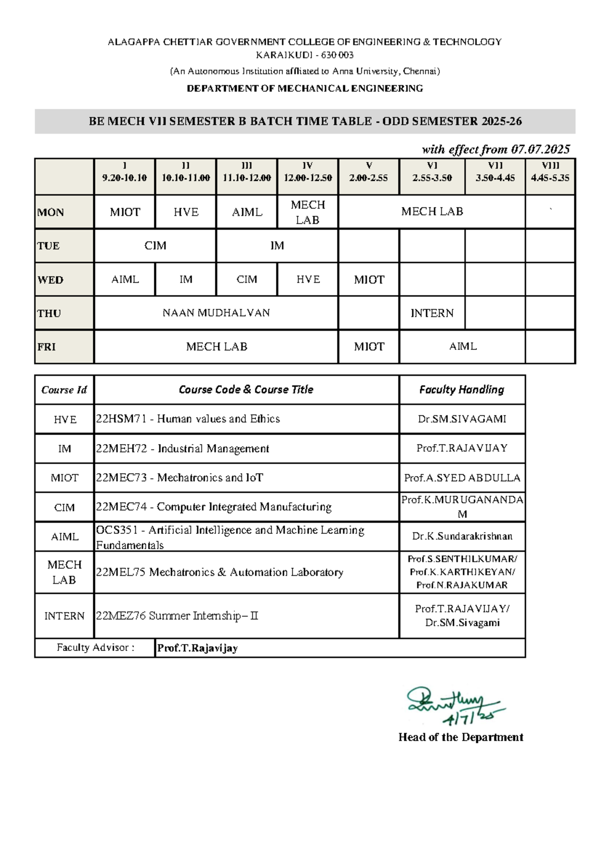 BE MECH VII SEMESTER ODD SEMESTER TIME TABLE 22HSM71, 22MEH72, 22MEC73 ...