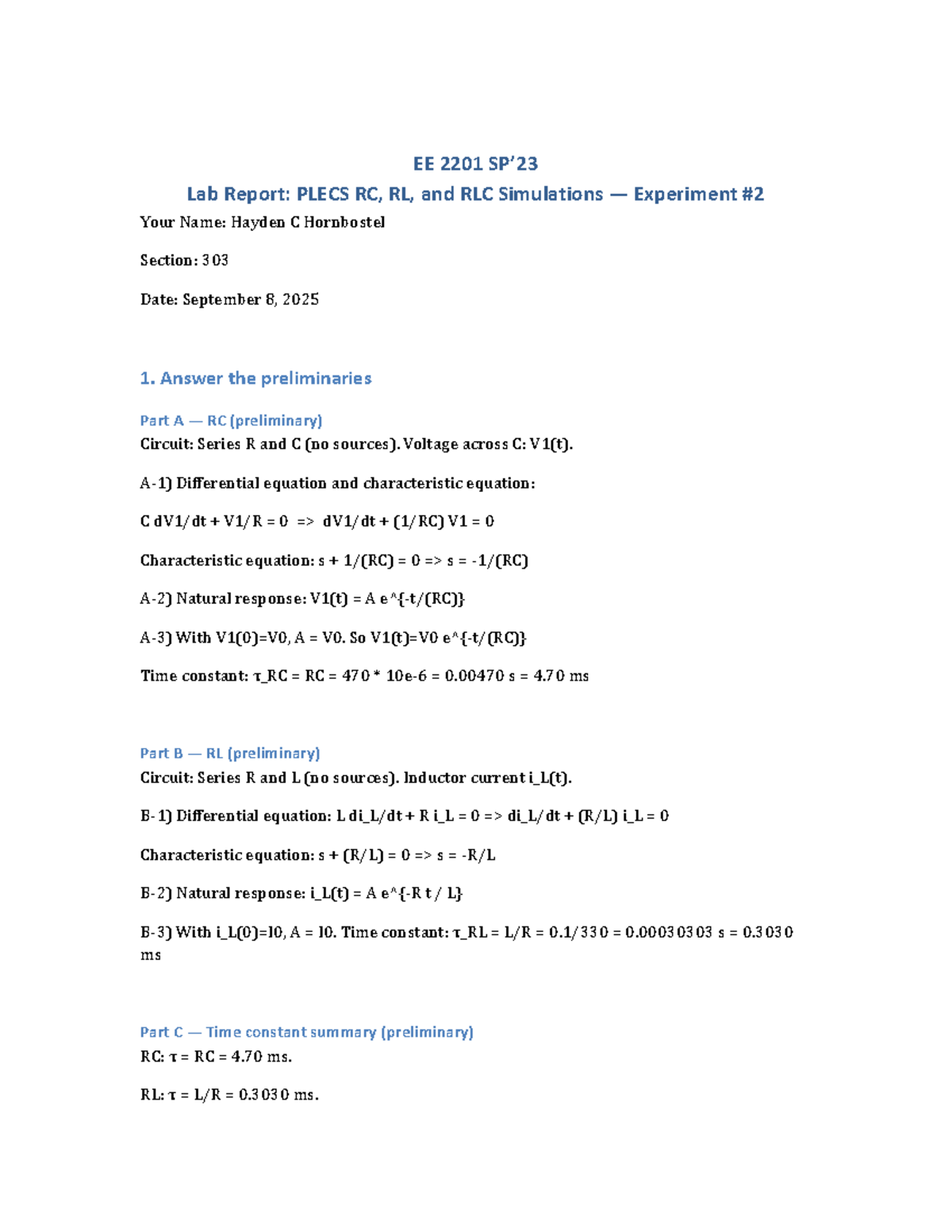 EE 2201 Lab Report: PLECS Simulations of RC, RL, and RLC Circuits - Studocu