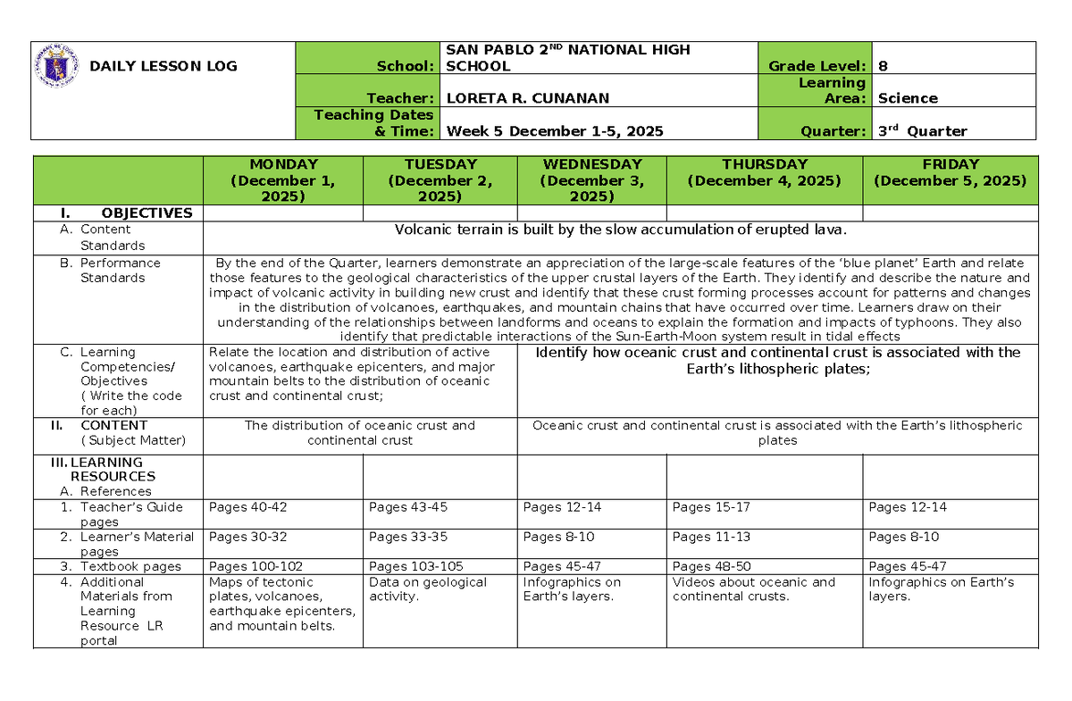 Grade 8 Science Lesson Log: Week 5 (Dec 1-5, 2025) - Studocu