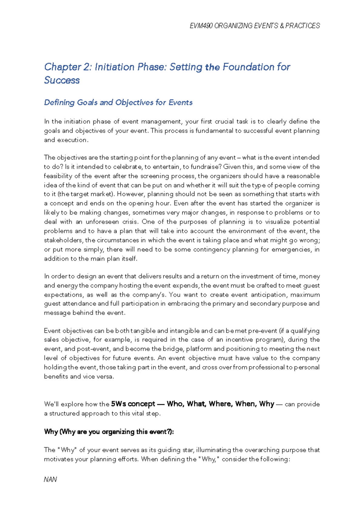 EVM490 ORGANIZING EVENTS PRACTICES: Chapter 2 - Initiation Phase & Goal ...