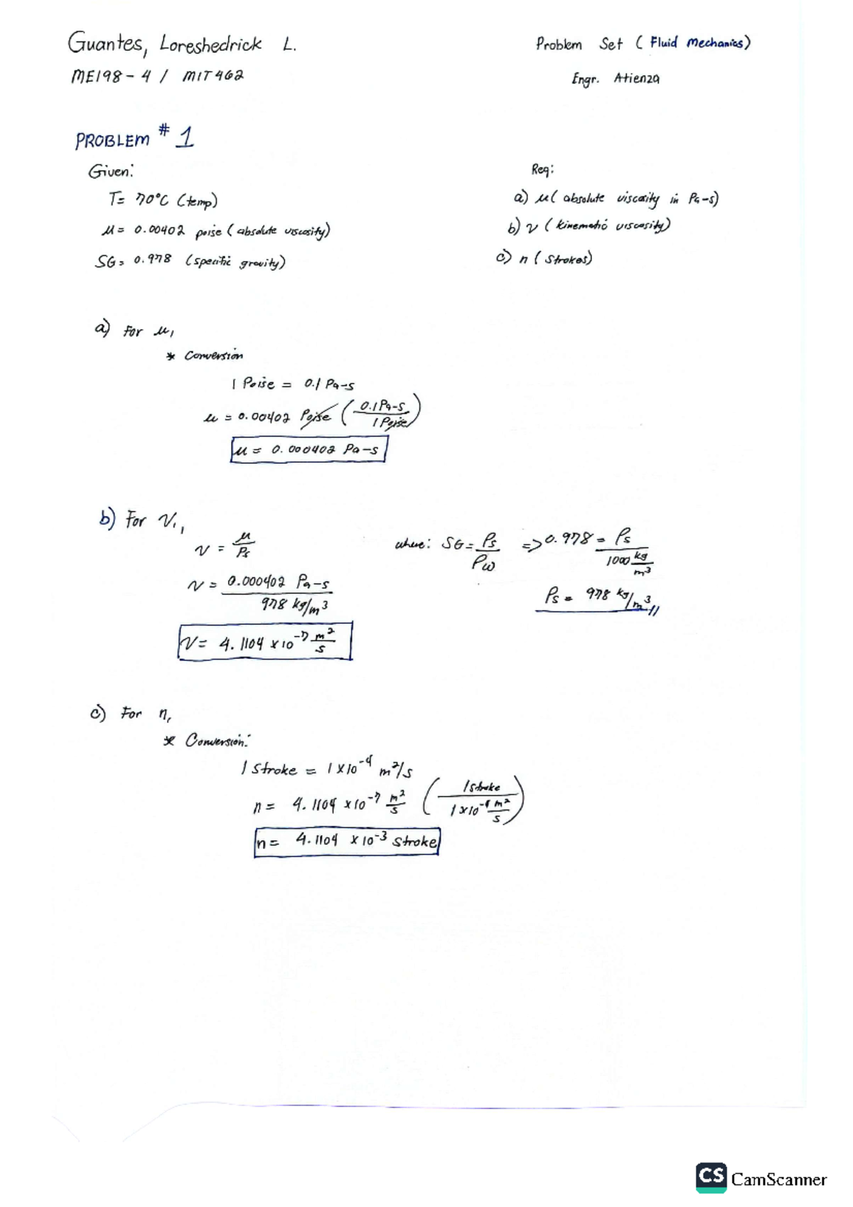 Fluid Mechanics Problem Set - MIT462 Engineering Final Exam - Studocu
