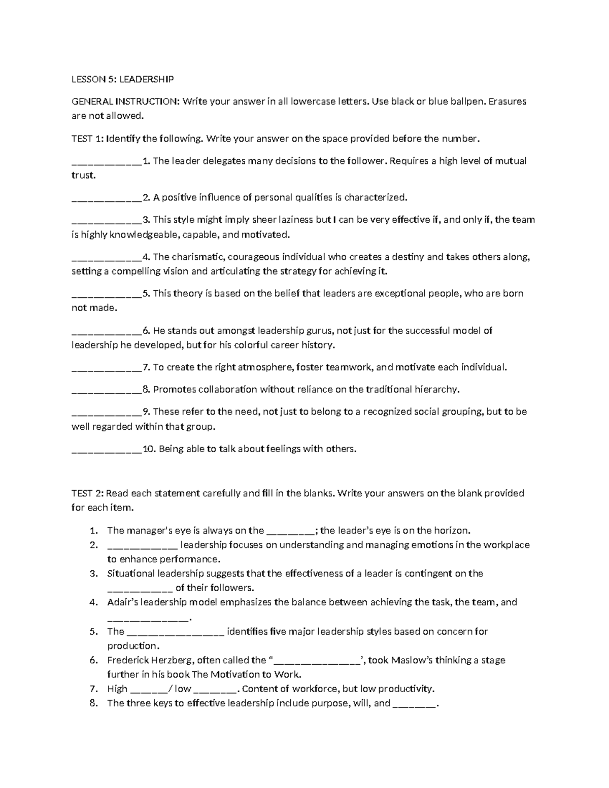 Leadership-Quiz - hgood luck - LESSON 5: LEADERSHIP GENERAL INSTRUCTION ...
