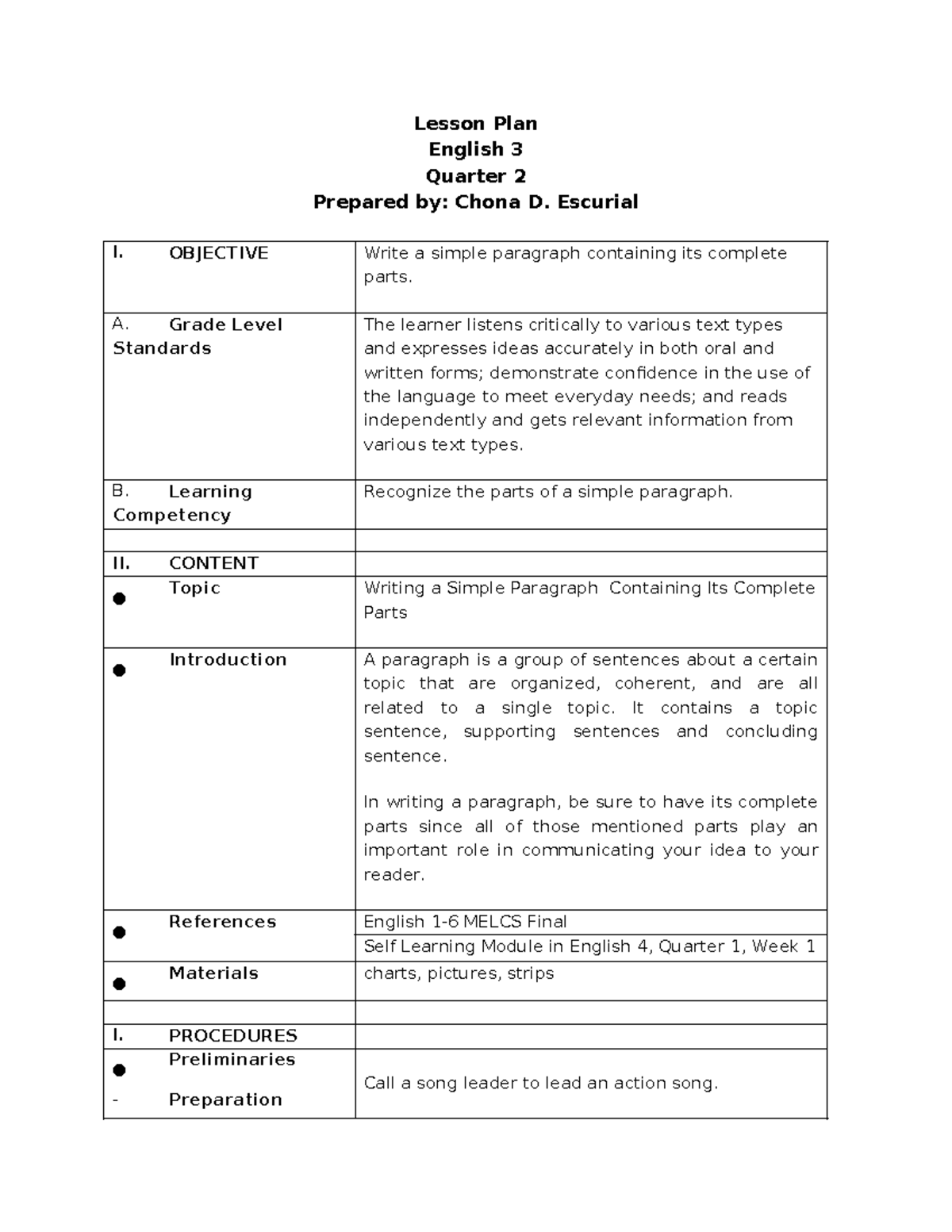 English 3 Lesson Plan: Writing a Simple Paragraph (Quarter 2) - Studocu