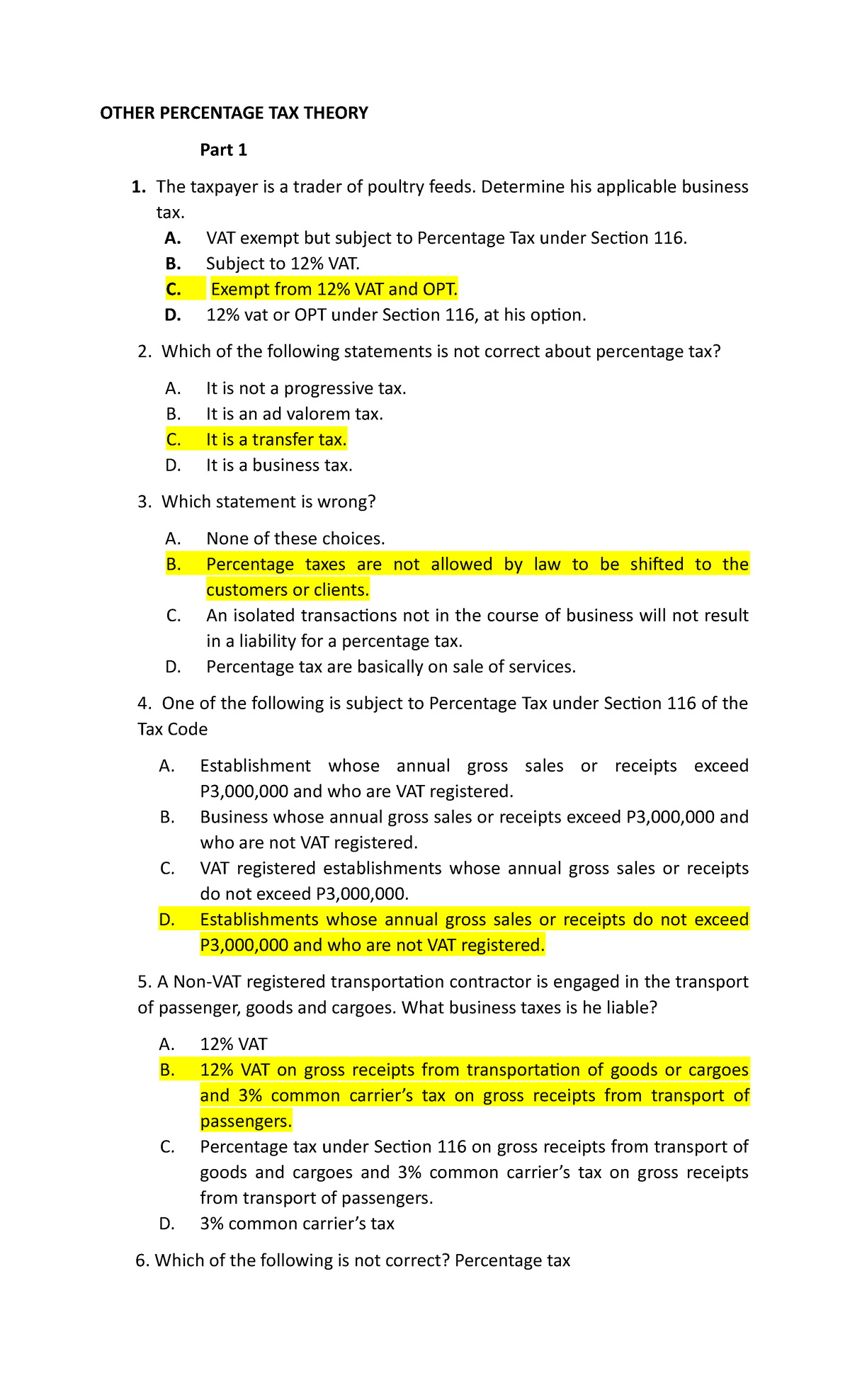 Other Percentage Tax Theory Notes for ACCT 101 Final Exam - Studocu