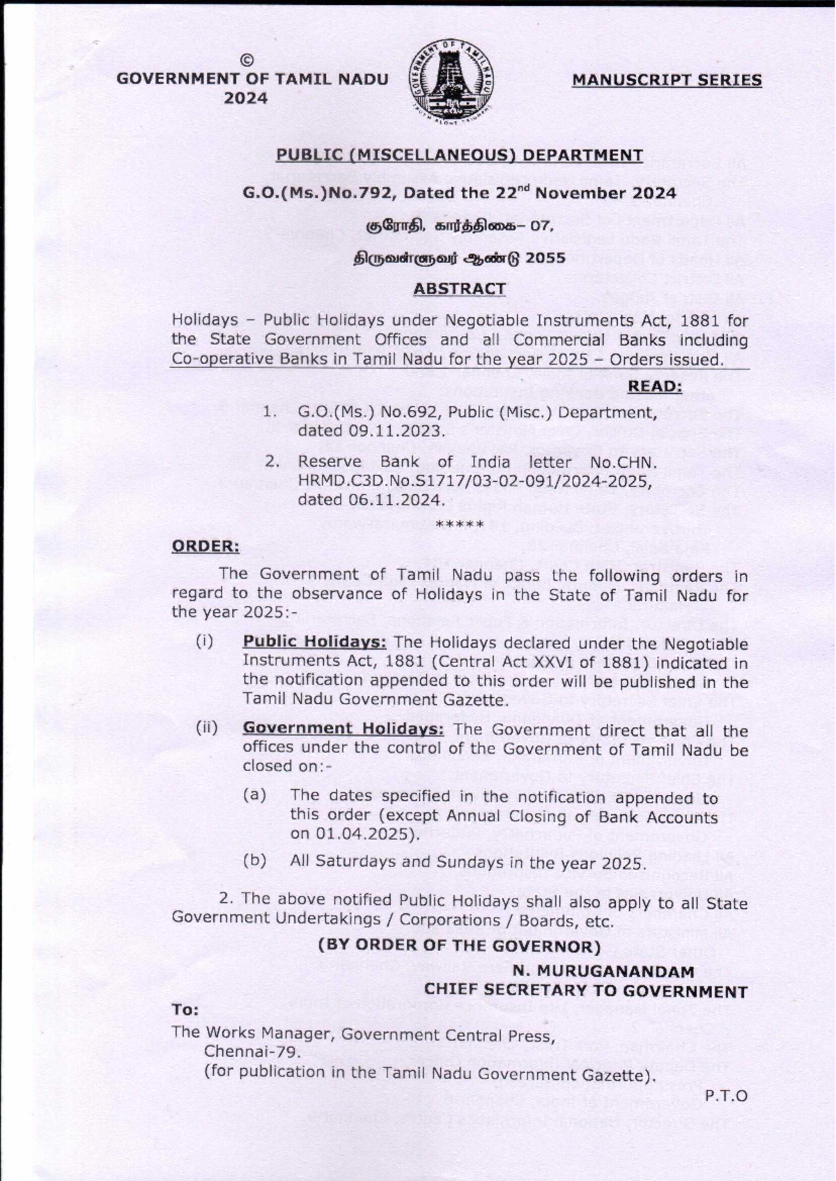 G.O.(Ms.) No.792: Public Holidays for Tamil Nadu 2025 - Studocu