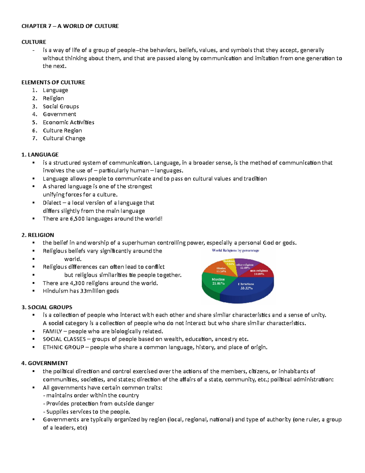 Chapter 7 Global Culture - CHAPTER 7 – A WORLD OF CULTURE CULTURE is a ...