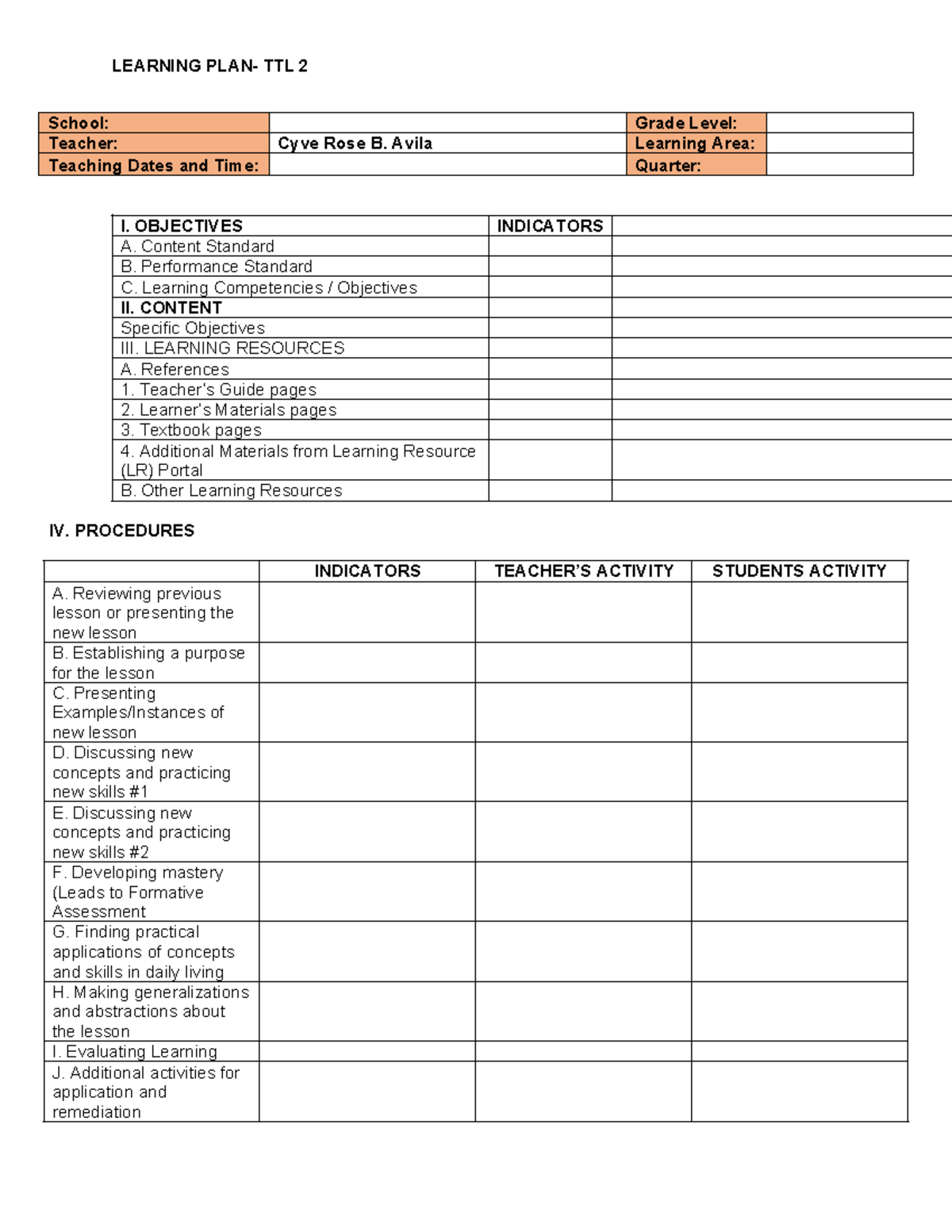 Learning Plan Template for Teaching Objectives and Procedures - Studocu