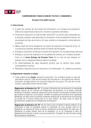 Examen Reescritura S4.s1 y S4.s2 Tarea Académica 1 (TA1) - 2021 Marzo.- COMPRENSIÓN Y REDACCIÓN ...