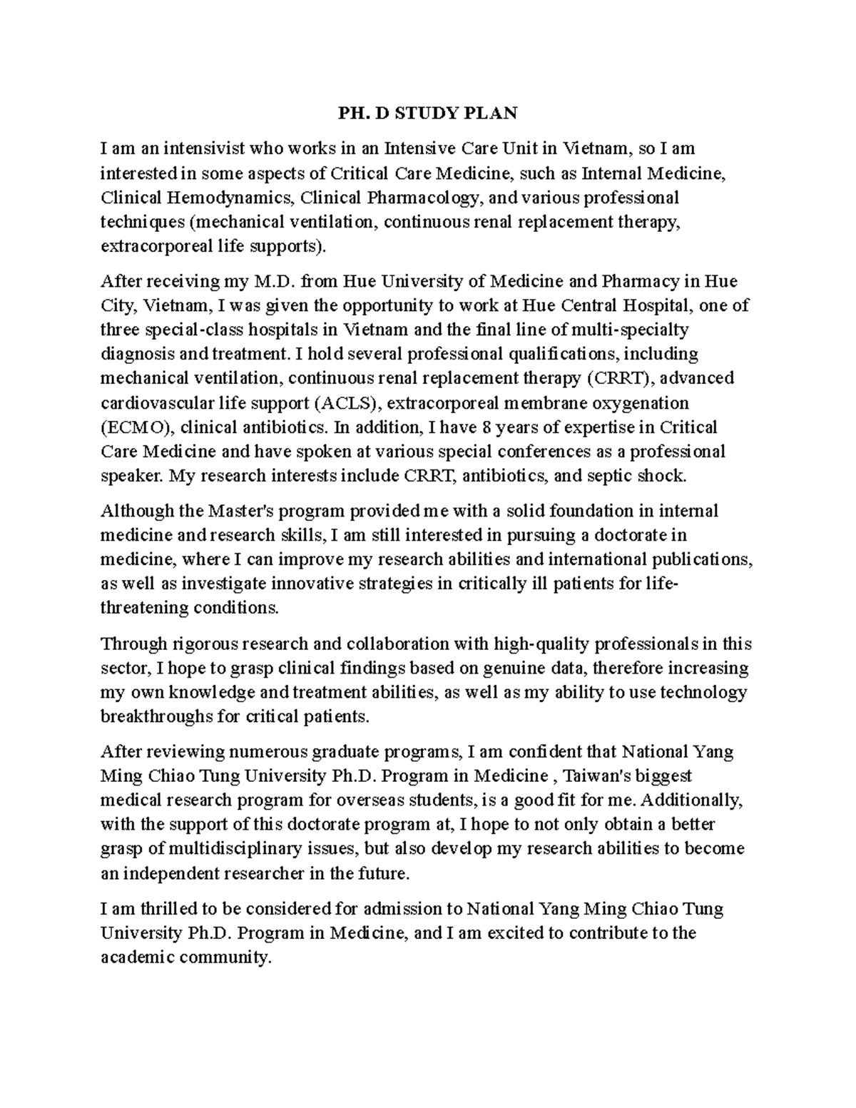 Ph.D. Study Plan for Critical Care Medicine Program Application - Studocu