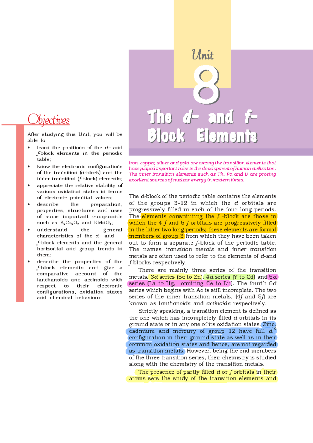 Unit Objectives: Understanding d and f Block Elements in Chemistry ...