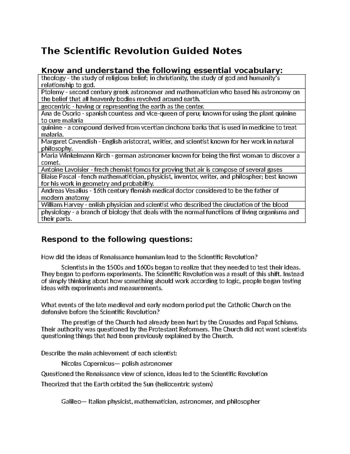The Scientific Revolution: Guided Notes and Key Concepts - Studocu