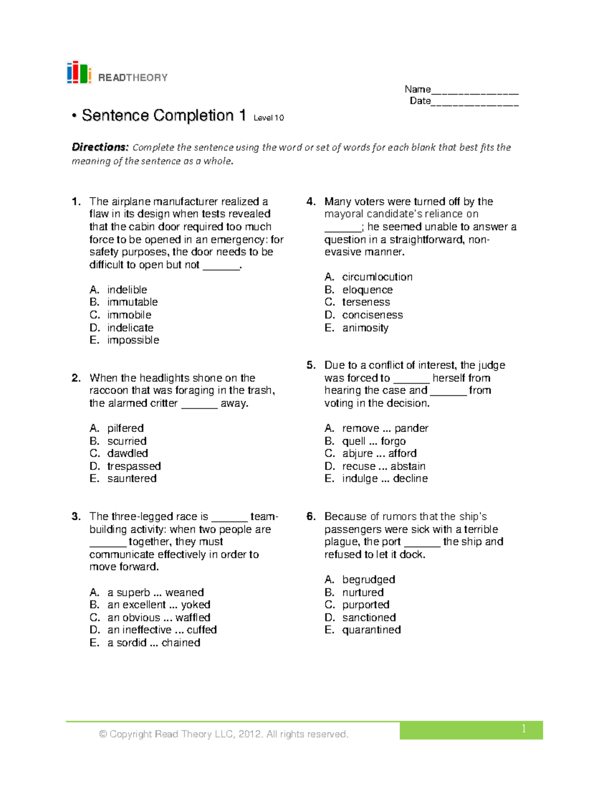 READTHEORY Level 10 Sentence Completion Practice 1 - Studocu