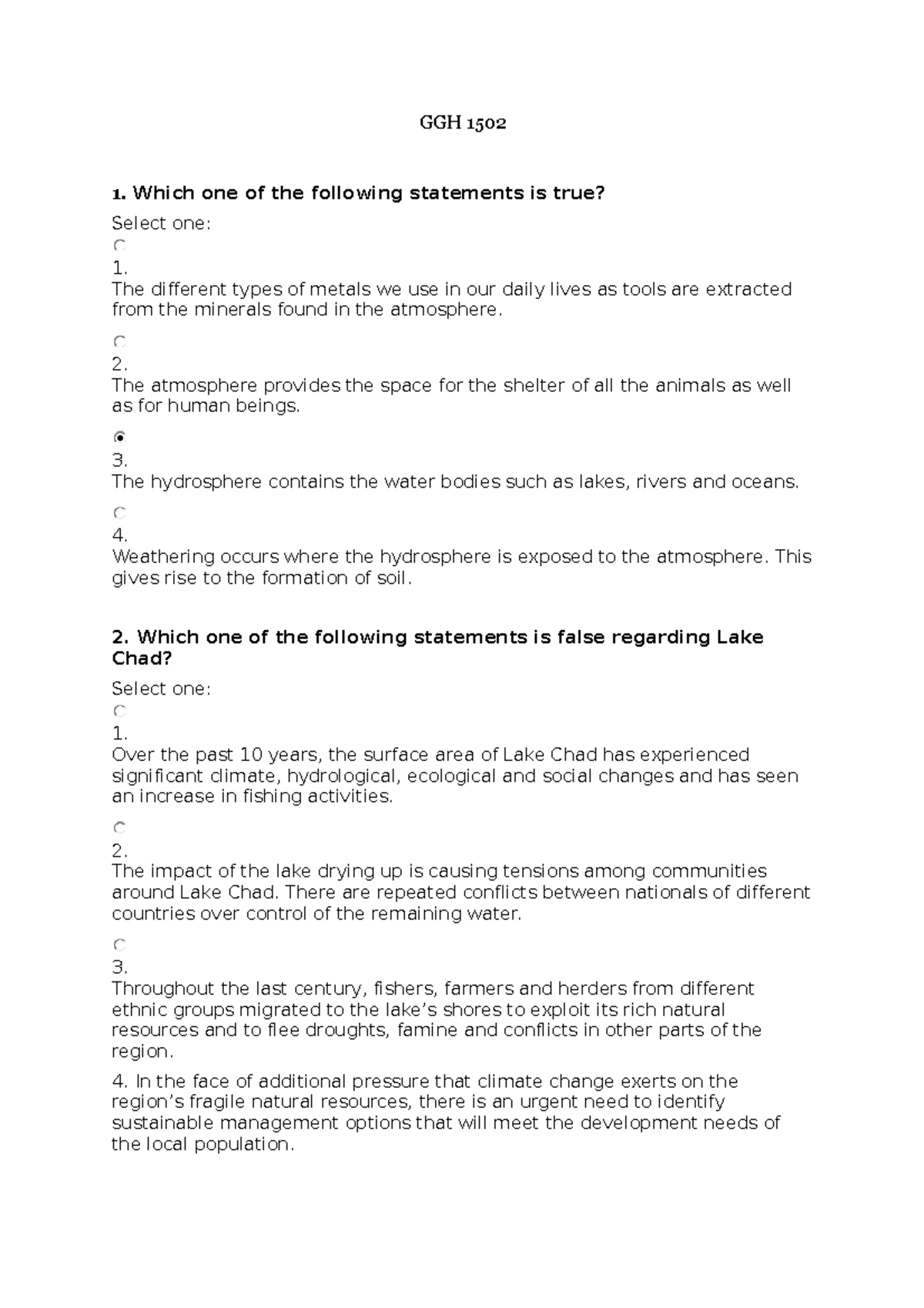 GGH 1502 - Environmental Concepts and Multiple Choice Questions - Studocu