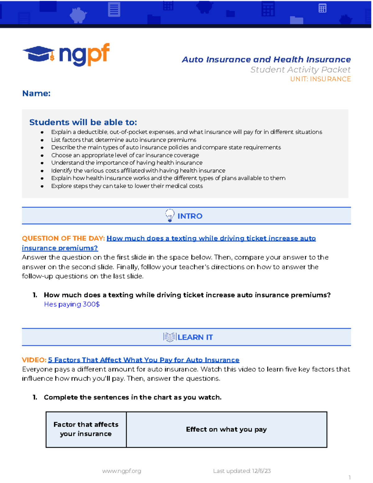 Auto Insurance & Health Insurance Activity Packet - Student Edition ...